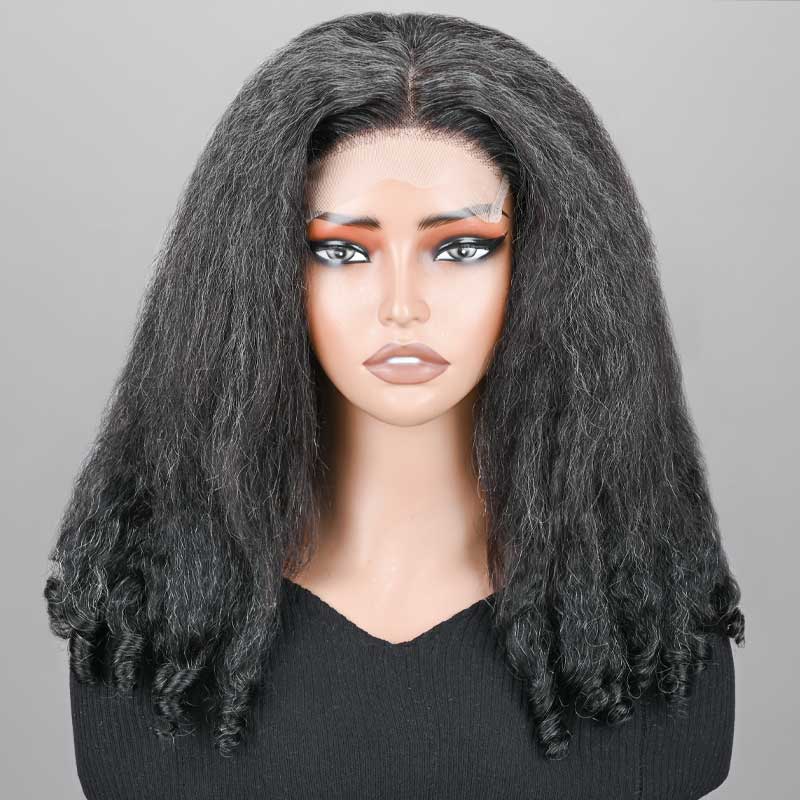 2-in-1 Hairstyle Kinky Straight & Curly Wig Dark Salt and Pepper Human Hair 5x5 Lace Closure Wig ...