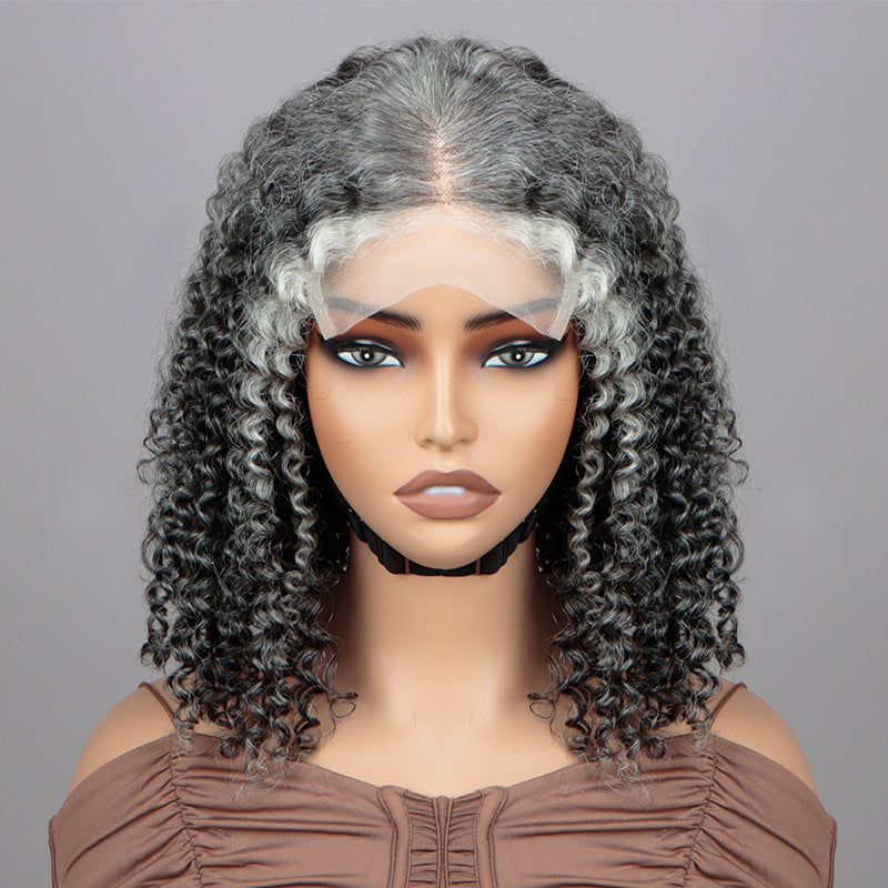 Soul Lady Seniors Salt And Pepper Wig Water Wave More Grey Human Hair 5x5 HD Lace Bob Wigs Curly ...