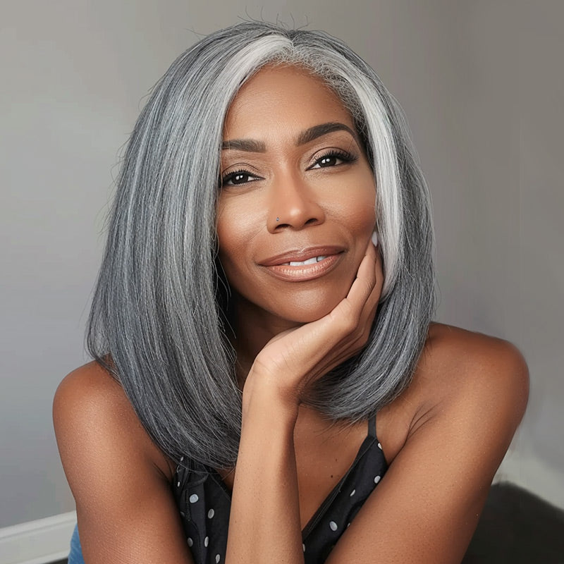 Straight Human Hair Grey Wigs Salt and Pepper Wig for Seniors 5x5 HD Lace Wigs for Older Women ...