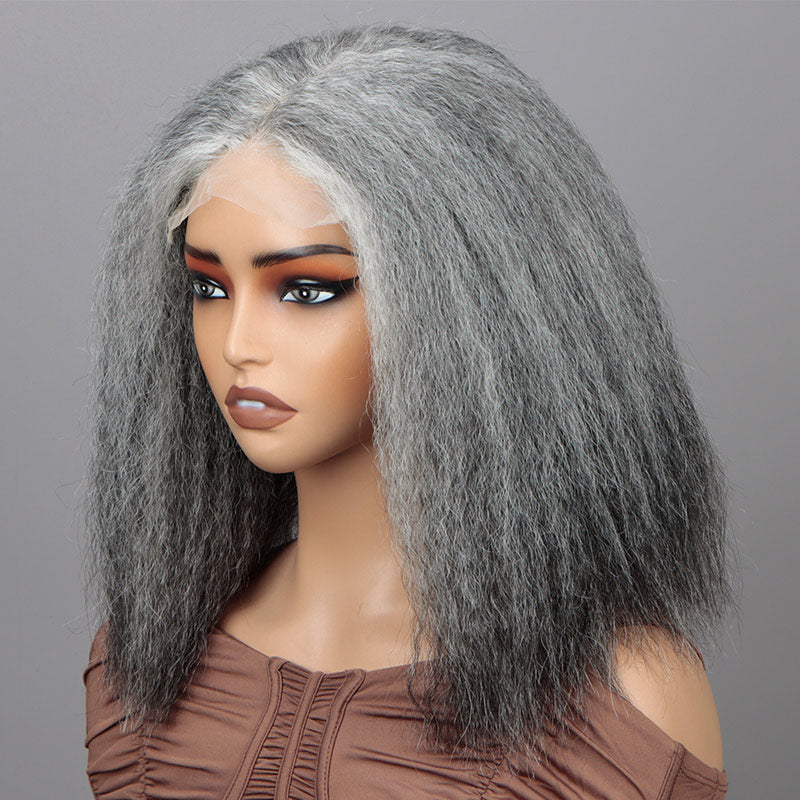 Soul Lady Salt And Pepper Wig Yaki Straight Bob More Grey Human Hair 5x5 HD Lace Wigs For Women ...