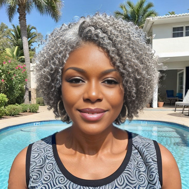 Salt & Pepper Kinky Curly 3 In 1 Half Wig Beginner Friendly Glueless Wig 100% Gray Curly Human ...