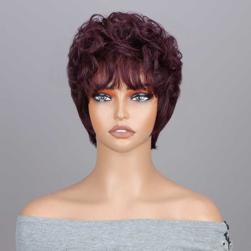 #99J Burgundy Short Loose curly Layered Pixie Cut Wig Human Hair No ...
