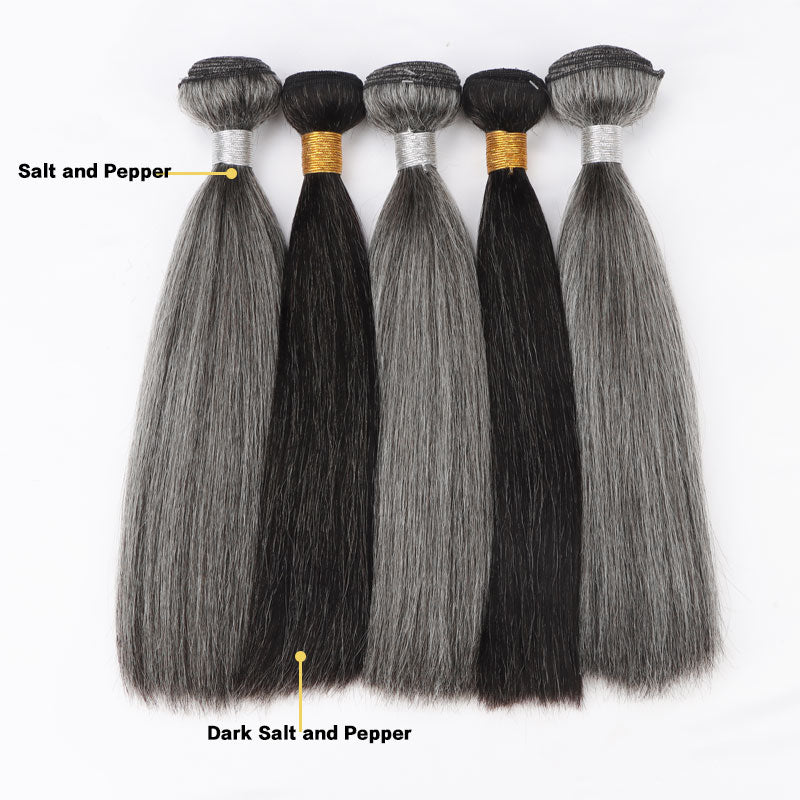 Salt and Pepper Straight Human Hair Bundles Gray Human Hair Extensions ...