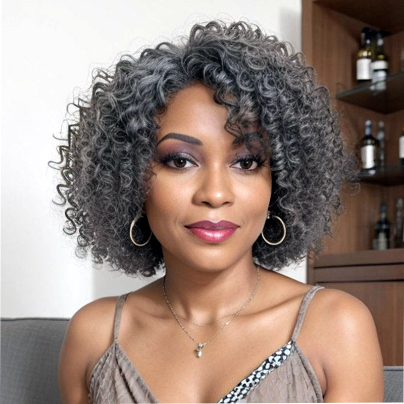 Silver Gray Human Hair Clip In Hair Extensions Salt And Pepper Kinky ...