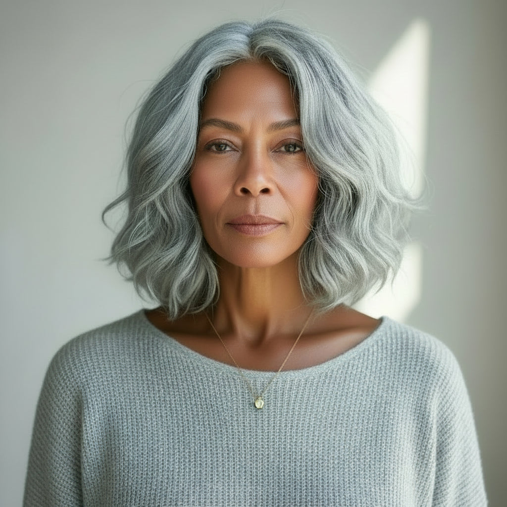 Seniors Silver Gray Wig Real Human Hair Salt And Pepper Natural Wavy ...