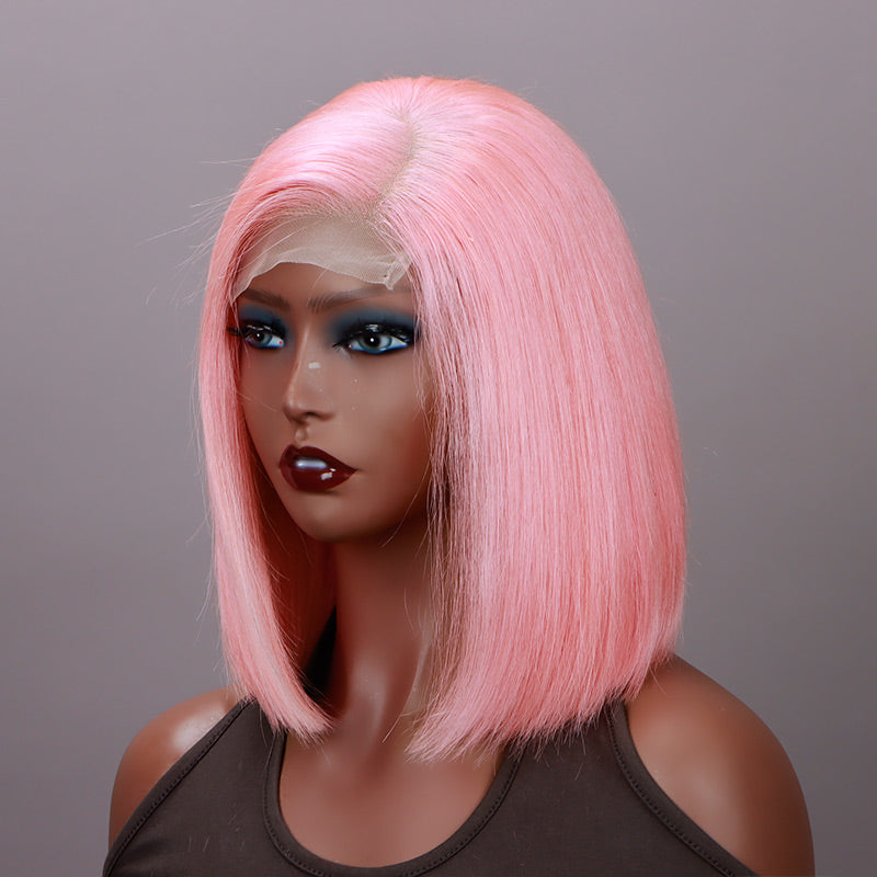 Light Pink Straight Bob 5x5 HD Lace Closure Wigs 100% Real Human Hair C ...