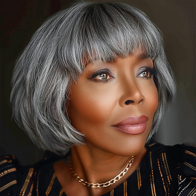 Classic Short Grey Wavy Bob Medium Salt & Pepper Color Glueless Human ...