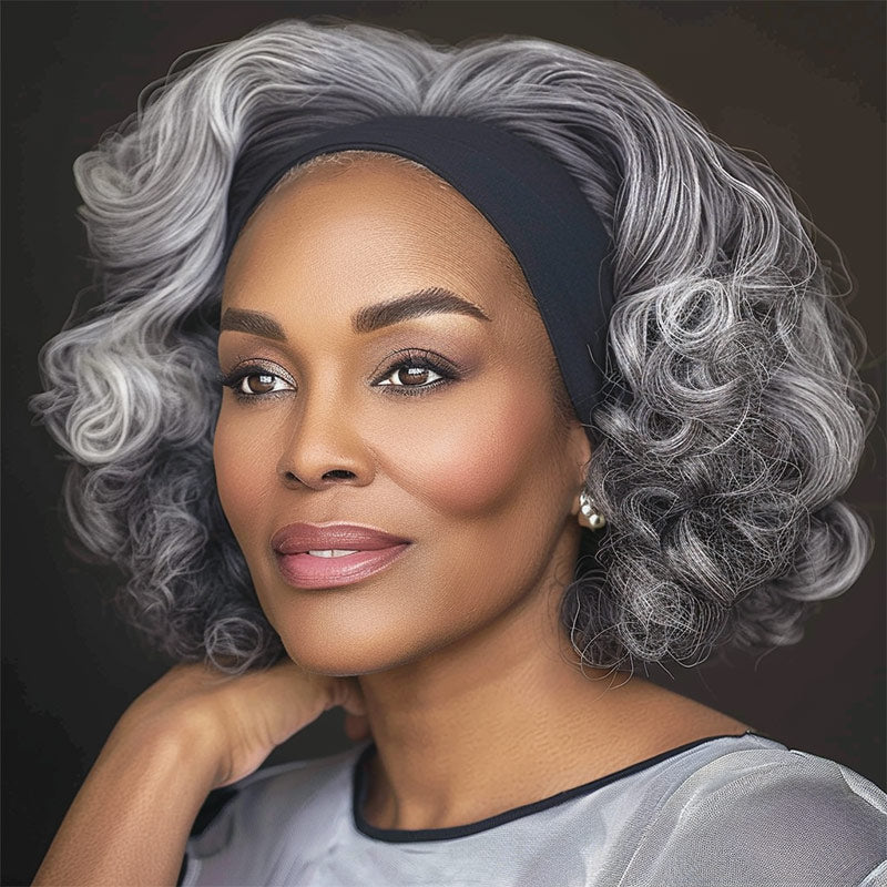 Grey Headband Wigs Short Salt and Pepper Wigs Body Wave Human Hair Wigs ...