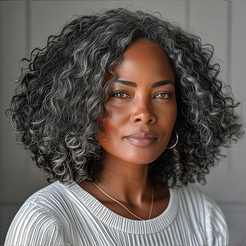 Medium Salt and Pepper Bob Wigs Grey Water Wave Human Hair Wigs 5x5 ...