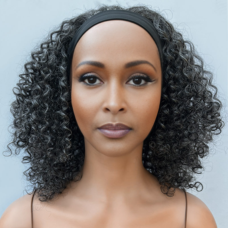 Dark Salt & Pepper Kinky Curly 100% Human Hair Headband Wig For Black ...