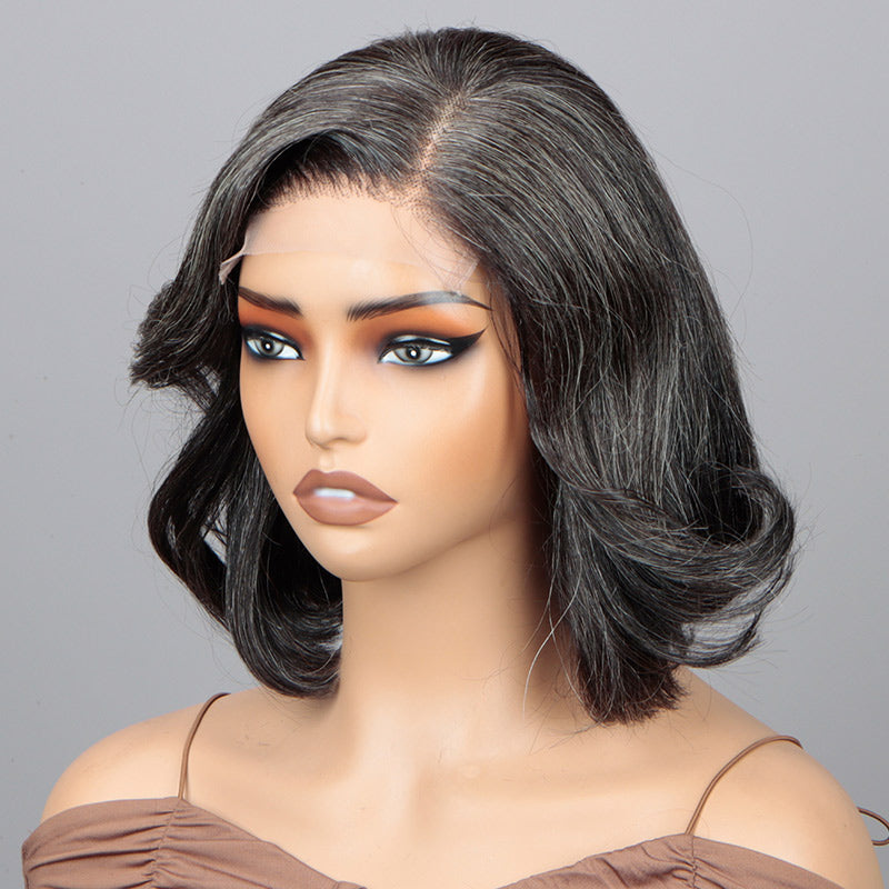 Dark Salt and Pepper Wig Natural Wavy Bob Human Hair 4x4 Lace Wigs for ...