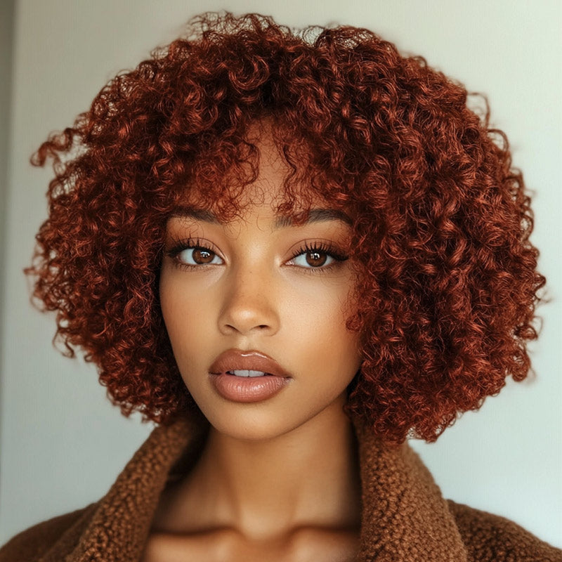 Ginger Curly Human Hair Wigs Glueless Copper Bob Kinky Curly Wear and ...