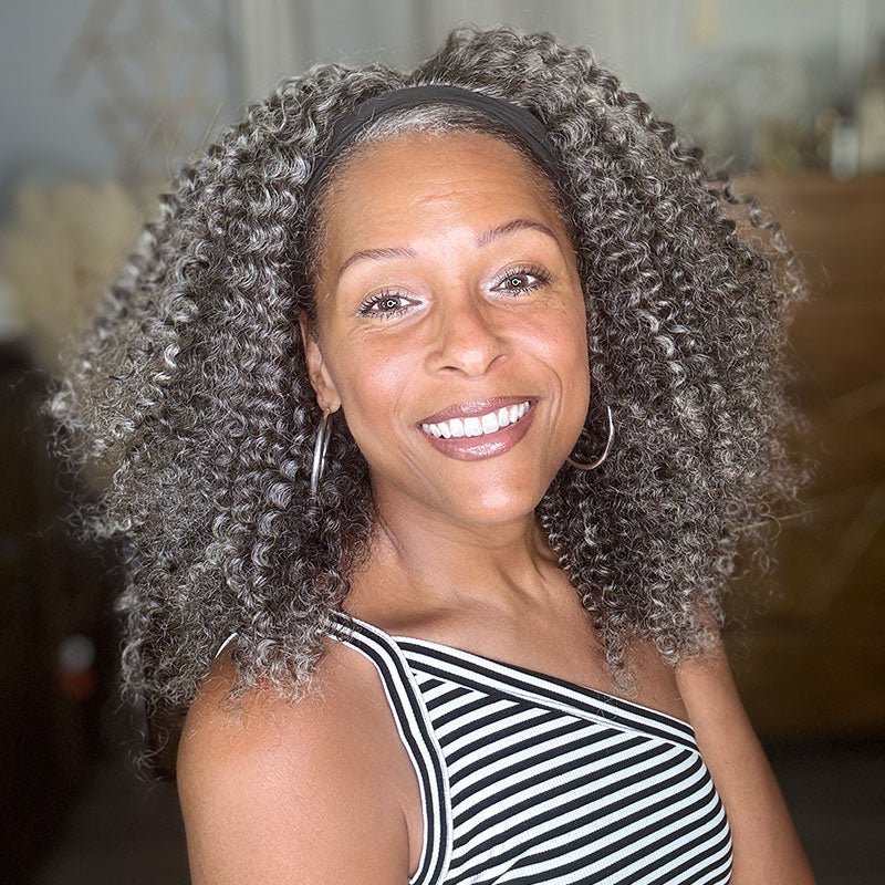 Gray Curly Headband Wigs Salt and Pepper Kinky Curly Human Hair Wigs ...