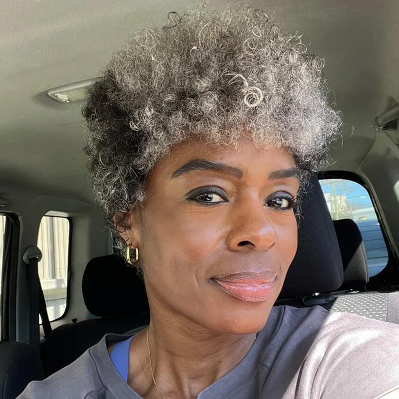 Gray Short Afro Wigs Salt and Pepper 4C Kinky Curly Human Hair Wigs ...