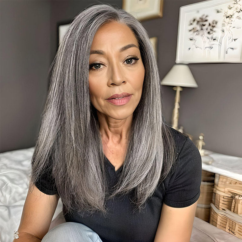 Gray Straight Human Hair Wigs Salt and Pepper Shoulder Length Wigs 5x5 ...
