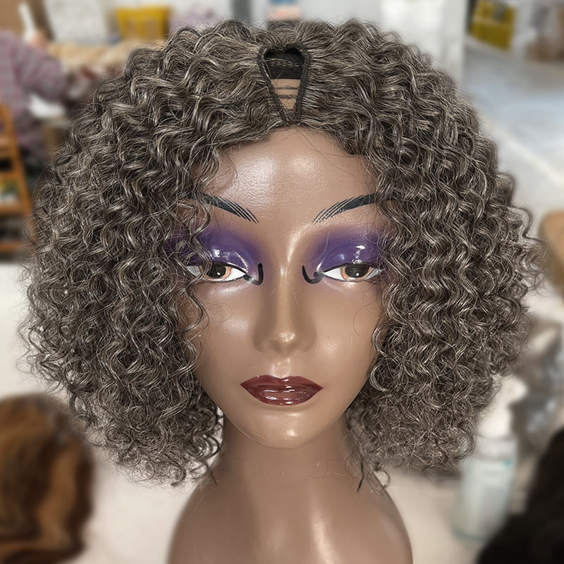 Silver Grey Jerry Curly Human Hair Short Bob Salt and Pepper V-Part ...