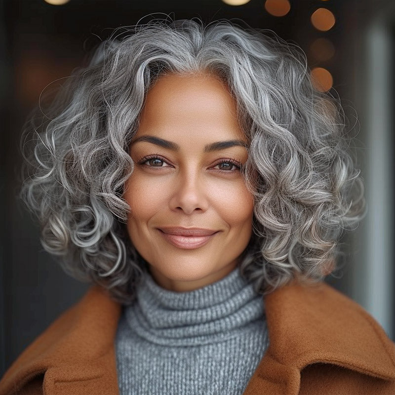 Silver Grey Wigs for Seniors Salt and Pepper Loose Wave Human Hair Wig ...