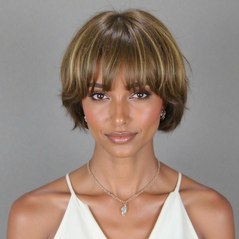Highlight Honey Blonde Short Pixie Human Hair Wigs P4/27 Straight Bob ...