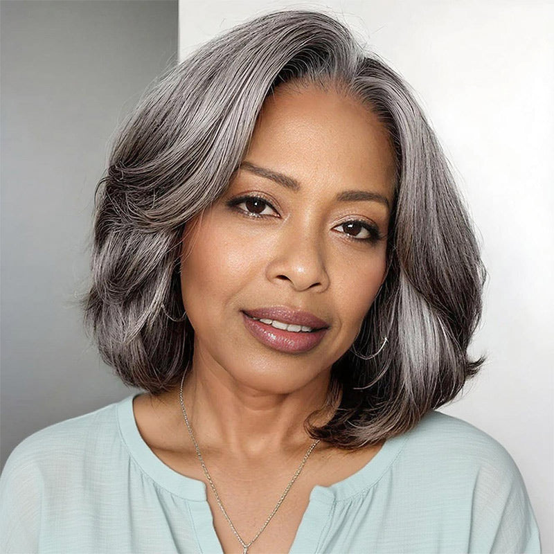 Seniors Wear Go Wig Salt and Pepper Natural Straight Wavy Bob Human ...
