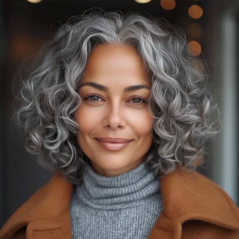 Silver Grey Wigs for Seniors Salt and Pepper Loose Wave Human Hair Wig ...