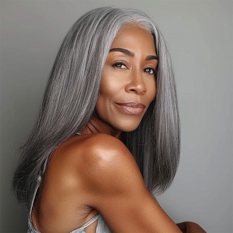 Salt And Pepper Straight Hair Clip In Hair Extensions Silver Gray Human ...