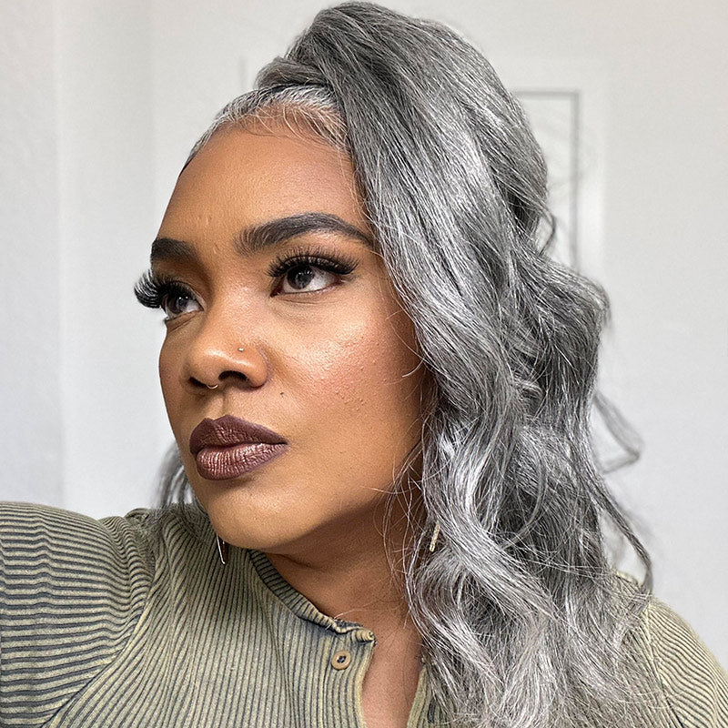 Silver Gray Body Wave Drawstring Ponytail Human Hair Extensions Salt and Pepper Drawstring ...