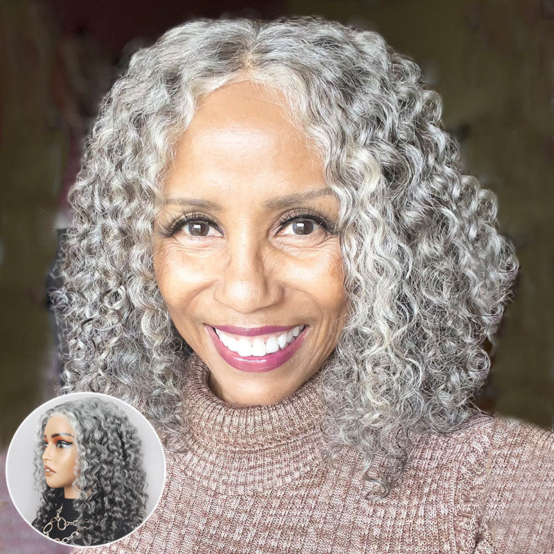 Seniors Salt and Pepper Wig Water Wave Human Hair 5x5 HD Lace Bob Wigs Grey Curly Hair Wig ...